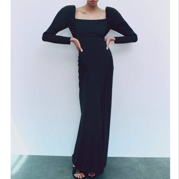 Zara | Dresses | Zara Stretch Black Square Neckline Long Sleeve Maxi ...